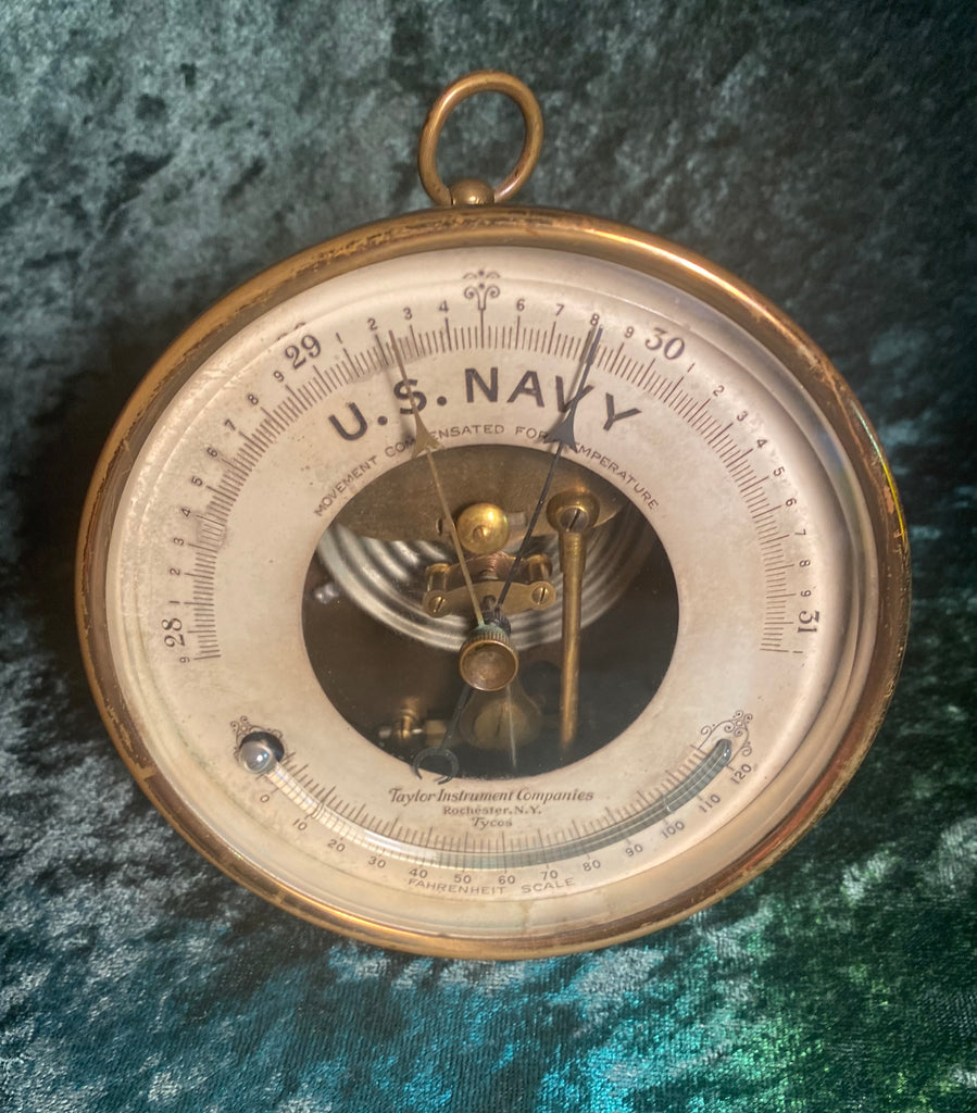 Zero Stock-Antique US Navy Aneroid Barometer Thermometer Tycos Rochest ...