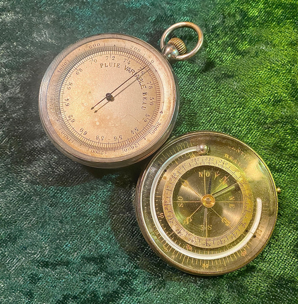 Zero Stock-Antique Pocket Barometer Compass and Thermometer Compendium ...